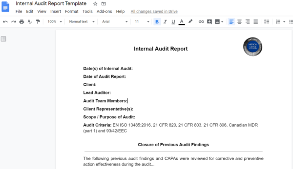 Google Docs Audit Report Template - Medical Device Academy